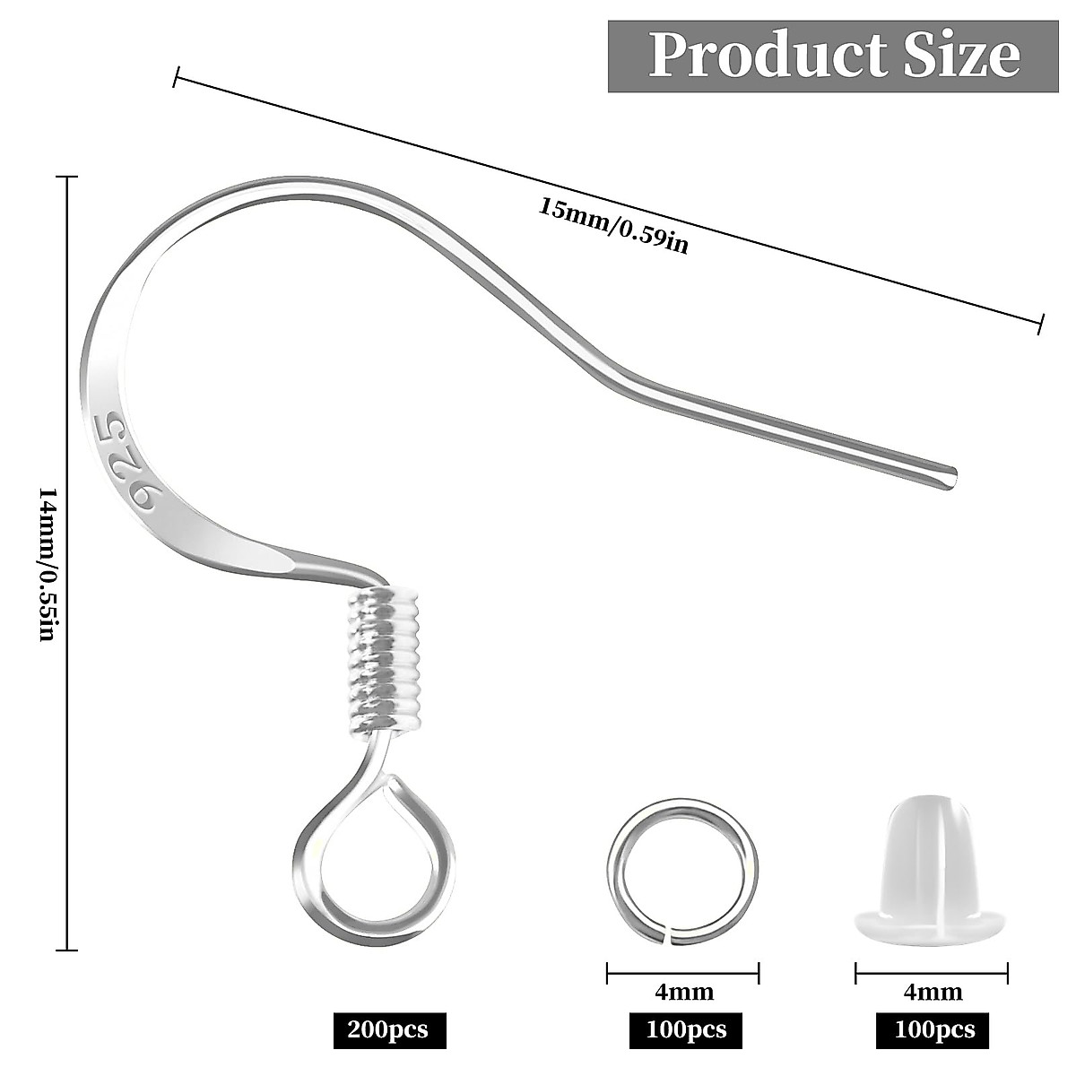 200 PCS/100 Pairs 925 Sterling Silver Earring Hooks Hypoallergenic Silver Ear Wires Fish Hooks with 100 PCS Clear Silicone Earring Backs and 100 PCS Jump Rings for DIY Jewelry Making
