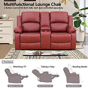 Mlxgoie 73" Leather Loveseat Sofa Manual Double Recliner Chair with Cup Holders and Storage Space, 74.5x37x40 in, Red