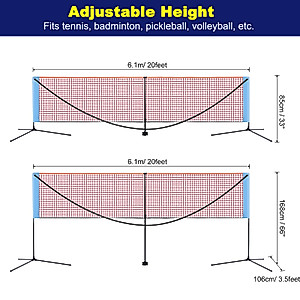 PATIKIL 20Ft Portable Badminton Net, Pickleball Net Set Height Adjustable Tennis Net with Carry Bag for Volleyball Soccer Outdoor Backyard Beach, Black