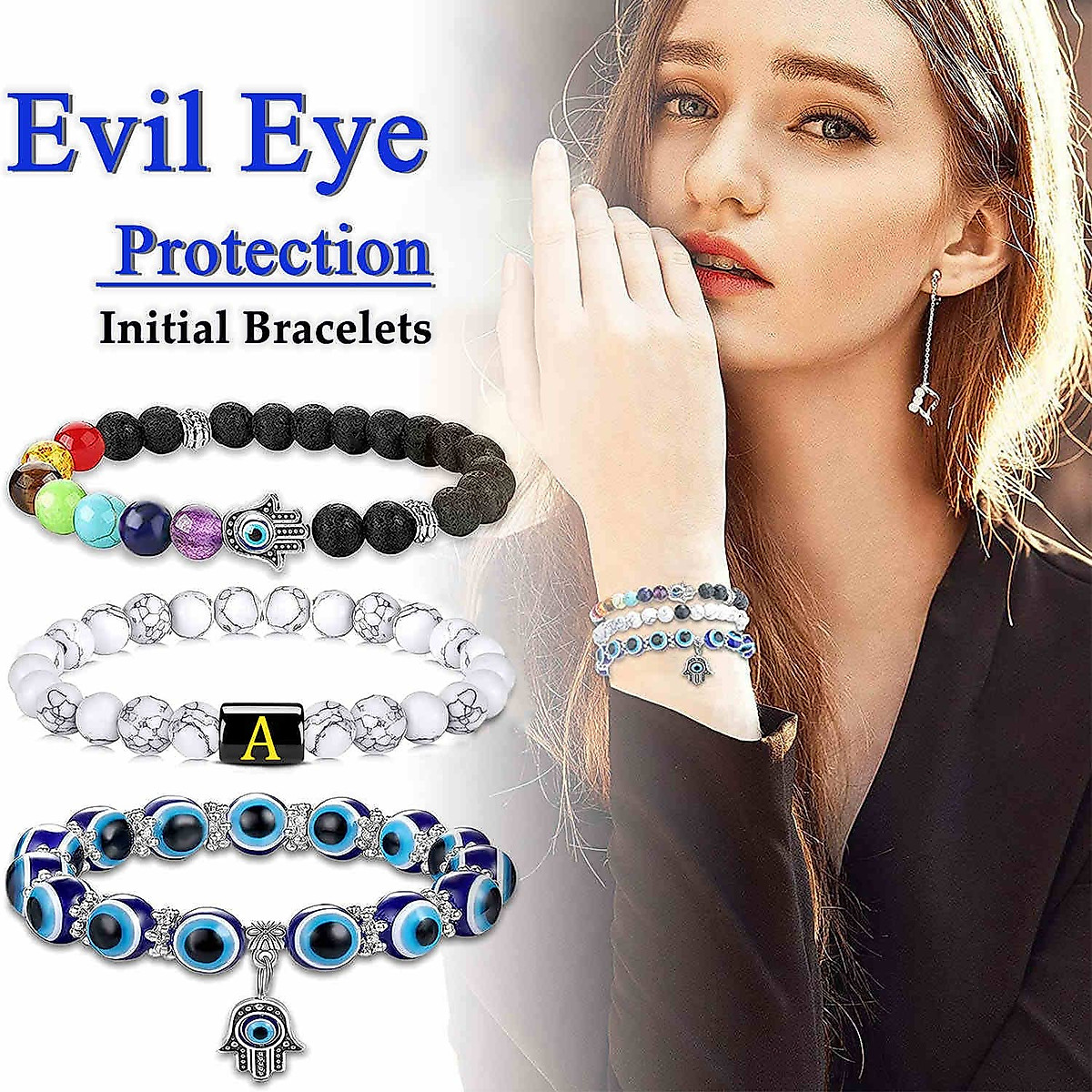 PANSHI Evil Eye Bracelets Chakra Crystal Beaded Bracelet Jewelry Ojo Protection Birthday Gifts for Women (Hamsa Hand)