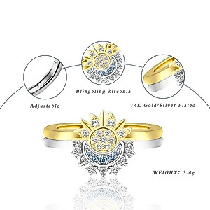 Sun and Moon Ring Set Stackable Rings for Women,Adjustable Celestial Jewelry Anillos Para Mujer Matching Rings as Friendship Best Friend Gifts for Teens,Gold and Silver Birthday Gifts for Girls