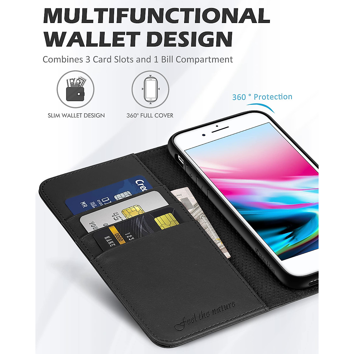 SHIELDON Genuine Leather iPhone 8 Plus Wallet Case Book Flip Cover and [Credit Card Slot] Magnetic Closure Compatible with iPhone 8 Plus / 7 Plus - Black