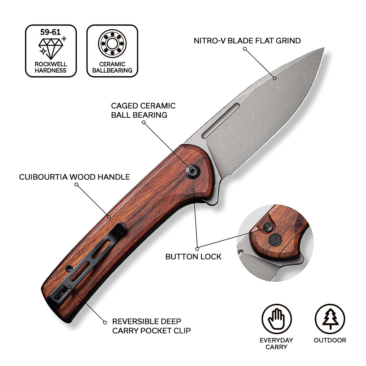 CIVIVI Pocket Knife for EDC, Conspirator Button Lock Folding Knife 3.48" Nitro-V Blade, Cuibourtia Wood Handle C21006-3