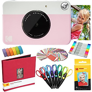Kodak Printomatic Instant Camera (Pink) Art Bundle + Zink Paper (20 Sheets) + 8x8 Cloth Scrapbook + 12 Twin Tip Markers + 100 Border Stickers + 6 Decorative Scissors + Washi Tape