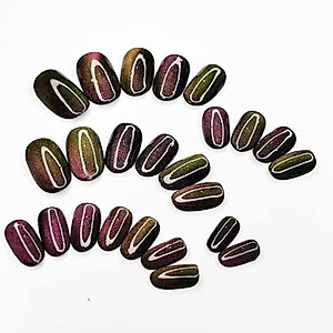 Purple Cat Eye Press on Nails Medium Length Round False Nails 24 Pcs Dark Purple Glossy Glue on Nails Color Changing with Light Luxury Acrylic Fake Nails for Women Girls