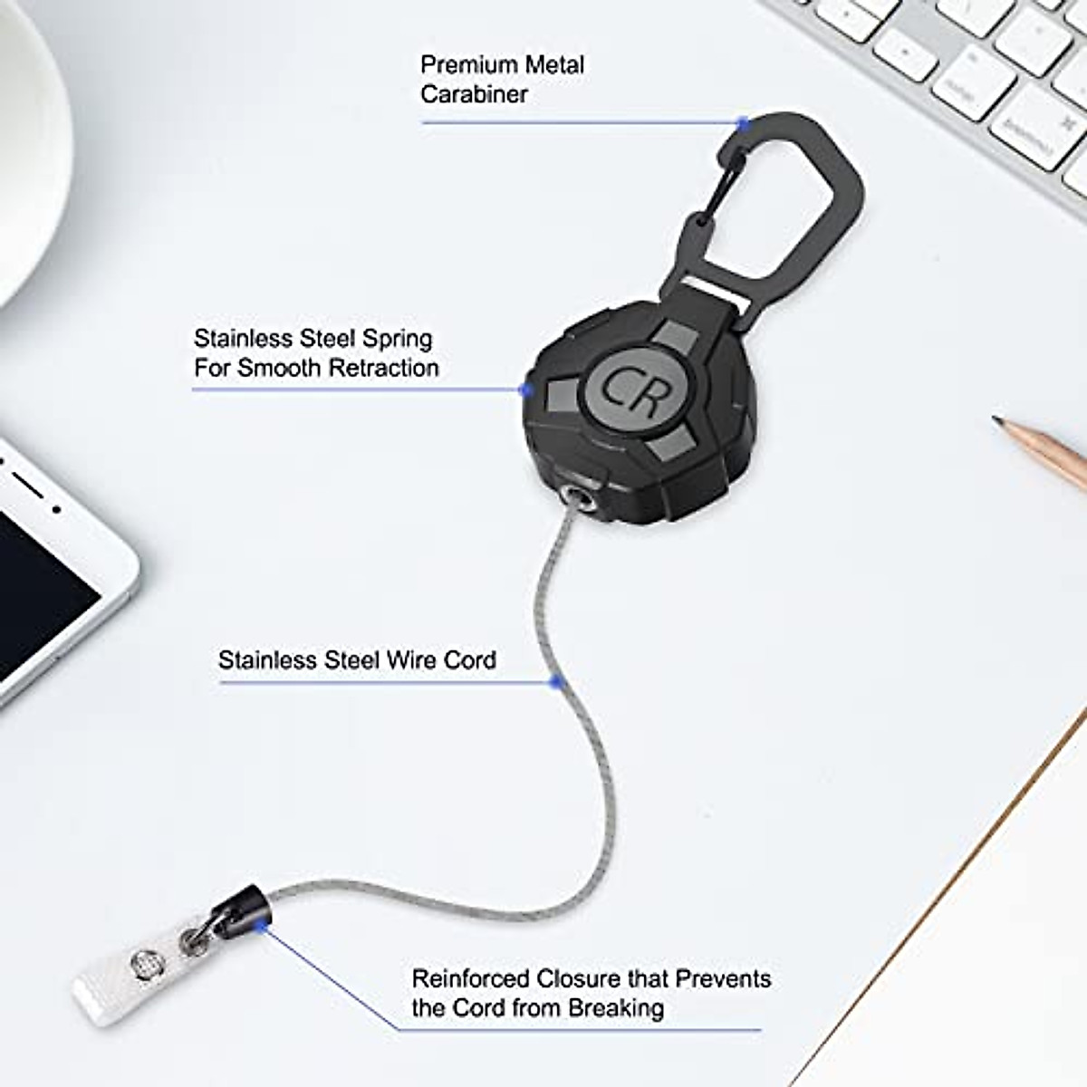 3-Pack Heavy Duty Retractable Keychain with 32” Steel Extender Cord - ID Badge Holder Reels, Badges Holders , Carabiner Keychains, Tactical Key Rings, Reel Clip for Card, 8.6Oz (Black)