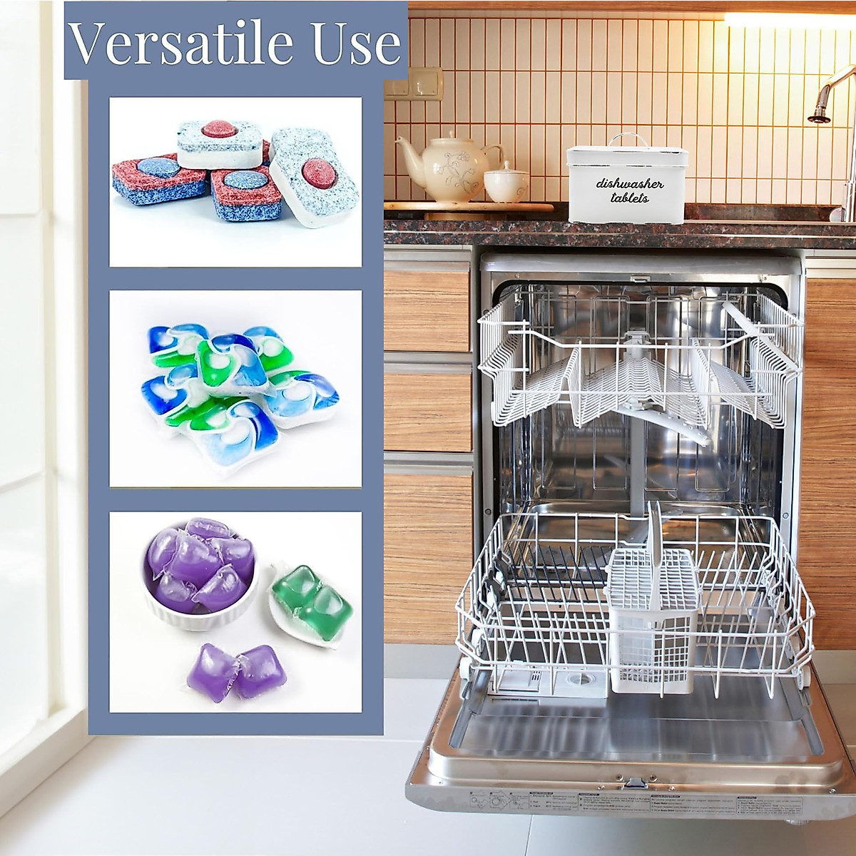 AuldHome Dishwasher Pod Holder, Tablet Container; White Enamelware Rustic Kitchen Storage Tin with Lid