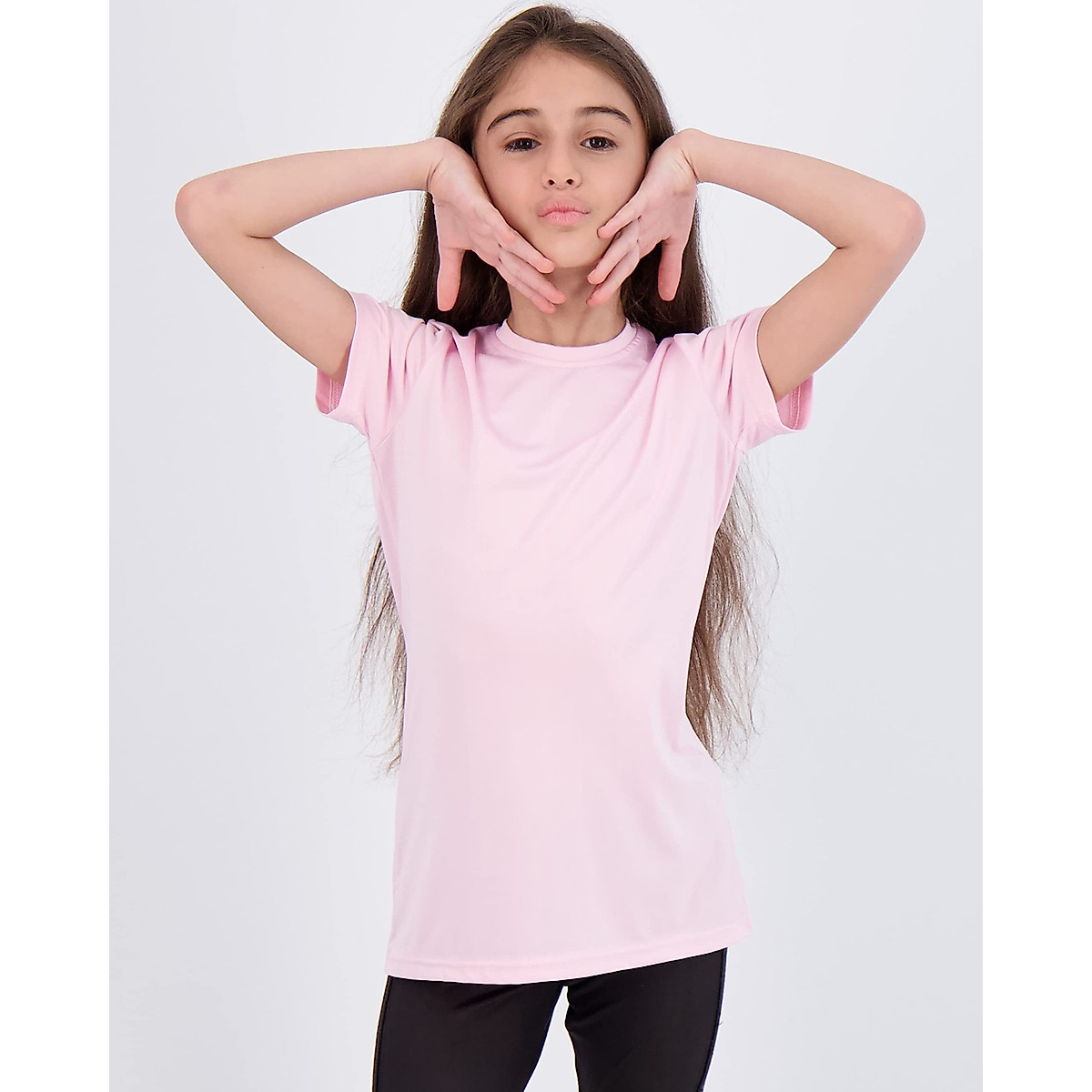 Real Essentials 4 Pack: Girls Short Sleeve Shirts Tees Active Quick Dry Fit Crew Neck T-Shirt Active Athletic Tops Soccer Sports Yoga Young Teen Chica's Kids Zebra Summer Clothes - Set 8, LG (14)