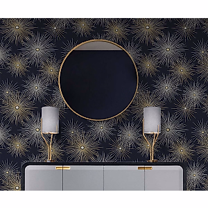 NextWall Starburst Geo Mid Century Peel and Stick Wallpaper (Midnight Blue & Metallic Gold)