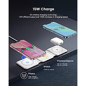 CYBORIS Wireless Charger 3 in 1, 15W Charging Station Magnetic Foldable, Wireless Charging Station for Multiple Devices Compatible with iPhone, Samsung, AirPods 3/2/Pro, iWatch (Adapter Included)