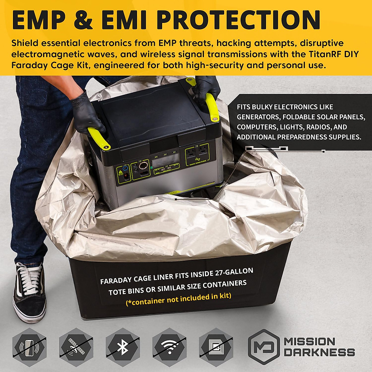 Mission Darkness TitanRF DIY Faraday Cage Kit // Build a Military-Grade Signal Blocking Container Liner with Included Faraday Fabric, Tape, Instructions & Accessories // Fits Inside 27-Gallon Tote