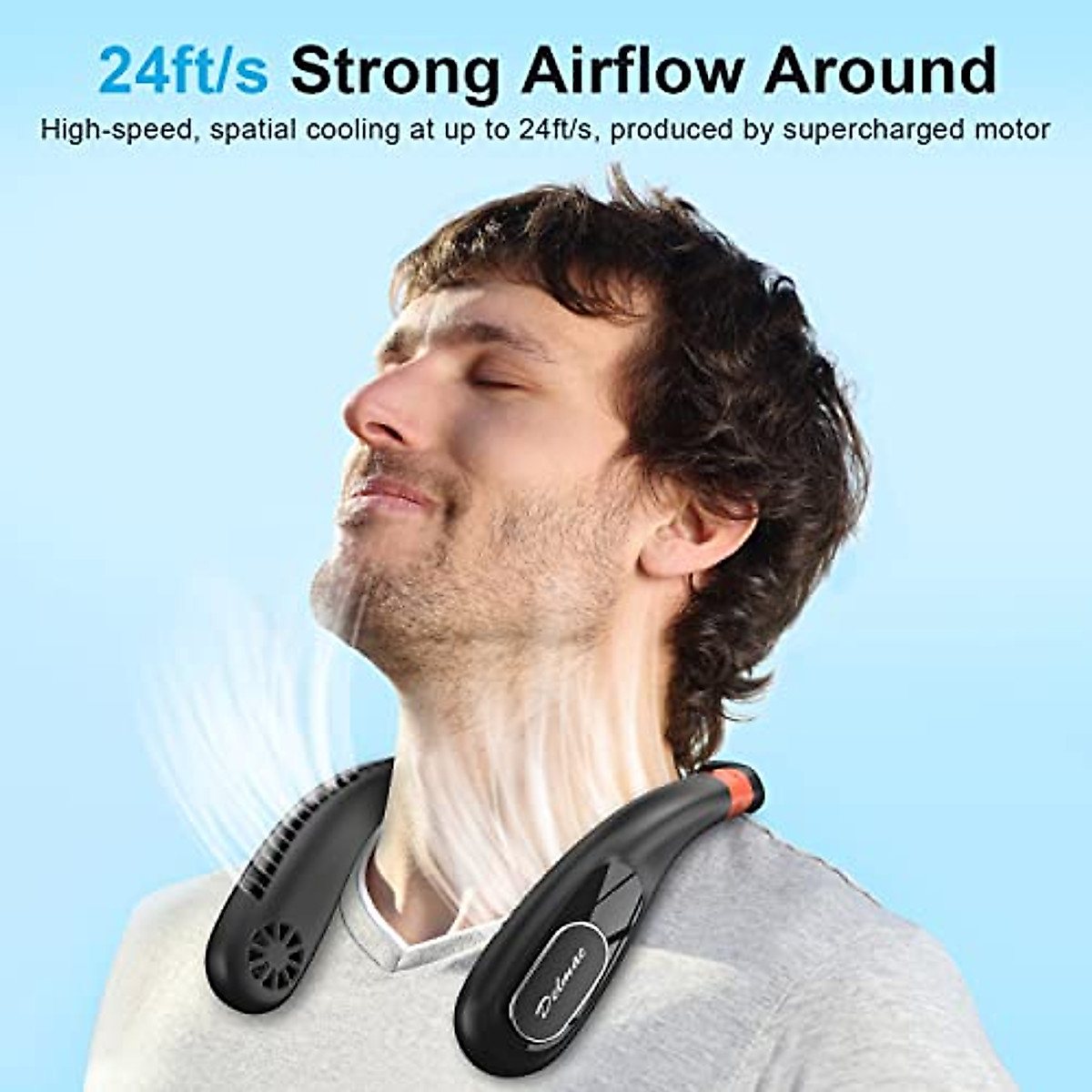 Delmac Portable Neck Fan, 6000mAh Rechargeable Personal Fans Lightweight Wearable Fan, Low Noise 3 Speed Hands Free Fan, Hanging Headphone Design Sports Fan for Indoor & Outdoor(black)