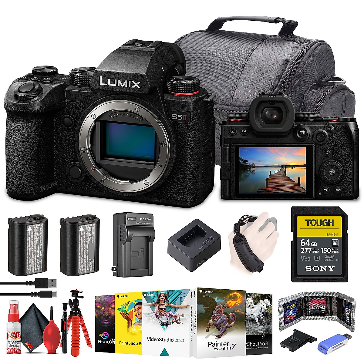 Panasonic Lumix S5 II Mirrorless Camera (DC-S5M2BODY) + 64GB Memory Card + Corel Photo Software + DMW-BLK22 Battery + Charger + Card Reader + Case + Flex Tripod + Cleaning Kit + More