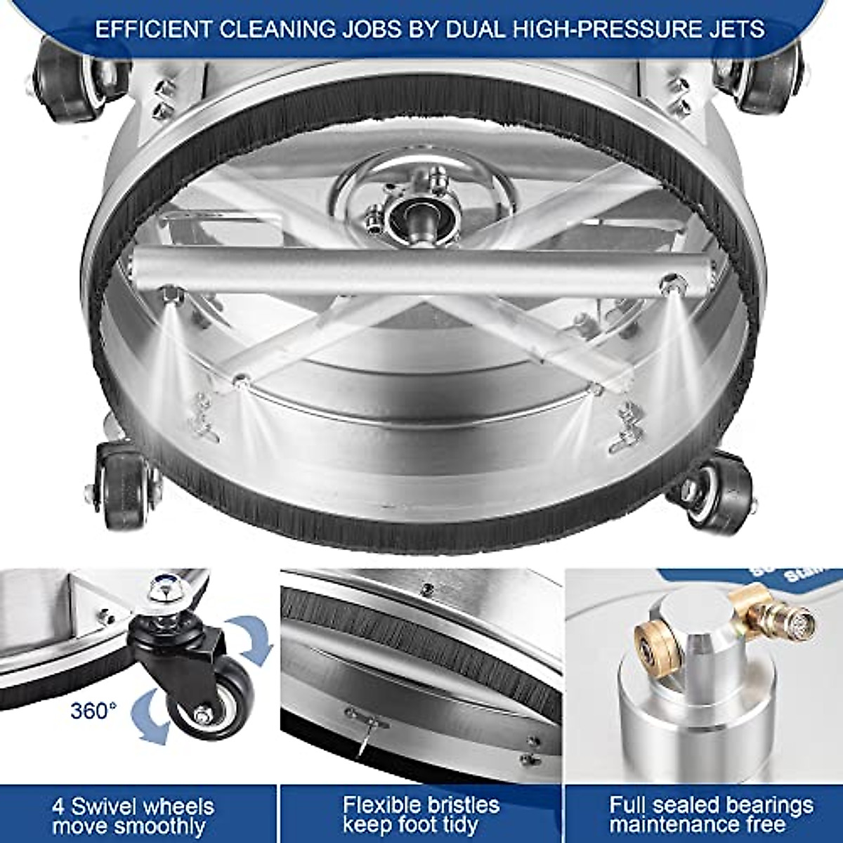 AngeDZ 14" Pressure Washer Surface Cleaner with 4 Wheels, 1/4" Quick Connect Plug, Sturdy Stainless Steel Power Washer Attachment for Concrete Driveway, Driven Flow Rate 1.8 GPM, Max 4000 PSI (Silver)