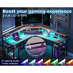Coleshome L Shaped Gaming Desk with LED Lights & Power Outlets, Reversible 56" Computer Desk with Full Monitor Stand & Storage Shelves, Ergonomic Home Office Corner Desk, Gray Oak