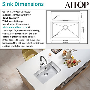 ATTOP 30 Inch Single Bowl Undermount Kitchen Sink,Nano Coating Stainless Steel Kitchen Sink Undermount Single Bowl Sink