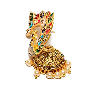 Bindhani Indian Bollywood Style Gold Toned Peacock Meenakari Jhumka Earrings For Women