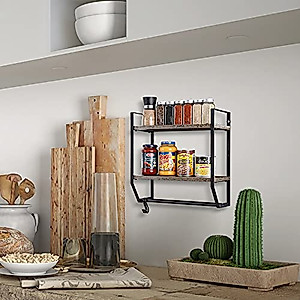 OYEAL Bathroom Shelf with Towel Bar Wall Mounted Towel Rack Rustic Towel Shelf for Bathroom with 5 Hooks, 2 Tier Shelf Storage Organizer for Living Room, Kitchen, Bedroom, Rustic Brown