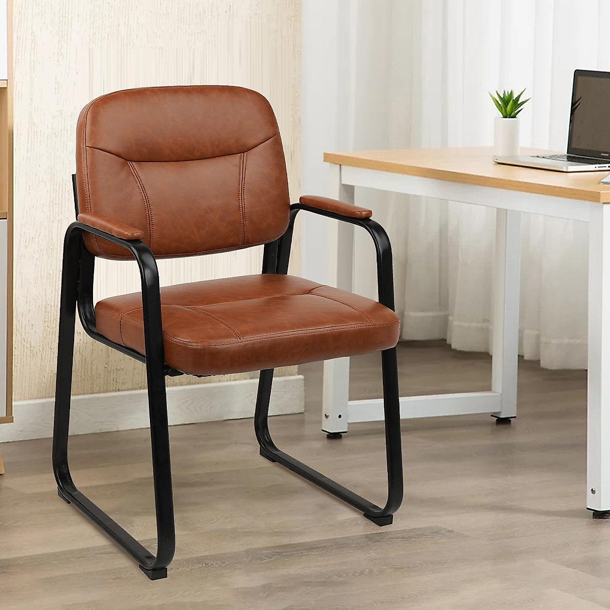 CLATINA Waiting Room Guest Chair with Bonded Leather Padded Arm Rest Modern Style with Sled Base for Office Reception and Conference Desk Black 1Pack