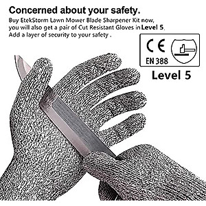 EtekStorm Lawn Mower Blade Sharpener Steel Backing Design Universal Multi-Sharp Rotary Lawnmower Sharpen Kit for Power Drill Hand Drill , Blade Balancer and Cut Resistant Gloves (8 Pack)