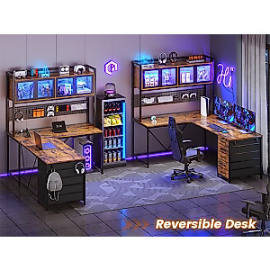 SEDETA L Shaped Gaming Desk with Drawers, L Shaped Computer Desk with Hutch and Storage Shelves, Gaming Desk with Pegboard, Led Lights, and Power Outlet, Home Office Desk, Corner Desk, Rustic Brown