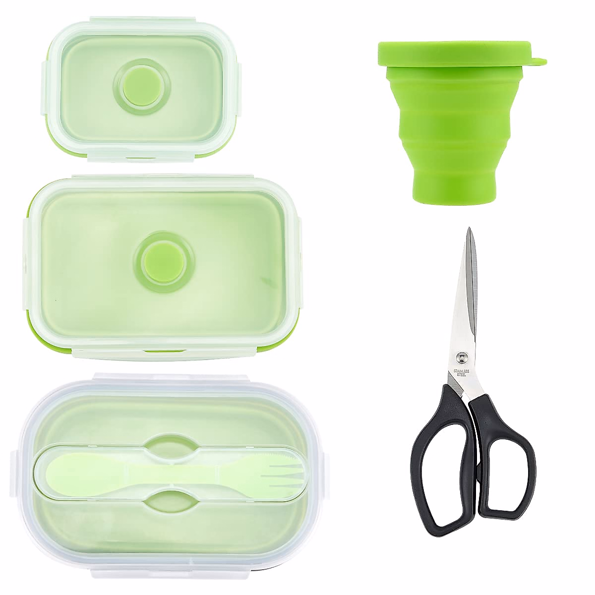 Generic Silicone Lunch Box with Spoon, Fork, and Travel Cup Set, 5 Pcs