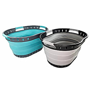 SAMMART 25L (6.6 gallon) Set of 2 Collapsible Plastic Laundry Basket - Foldable Pop Up Storage Container/Organizer - Portable Washing Tub - Space Saving Hamper/Basket (Alloy Grey + Crystal Blue)