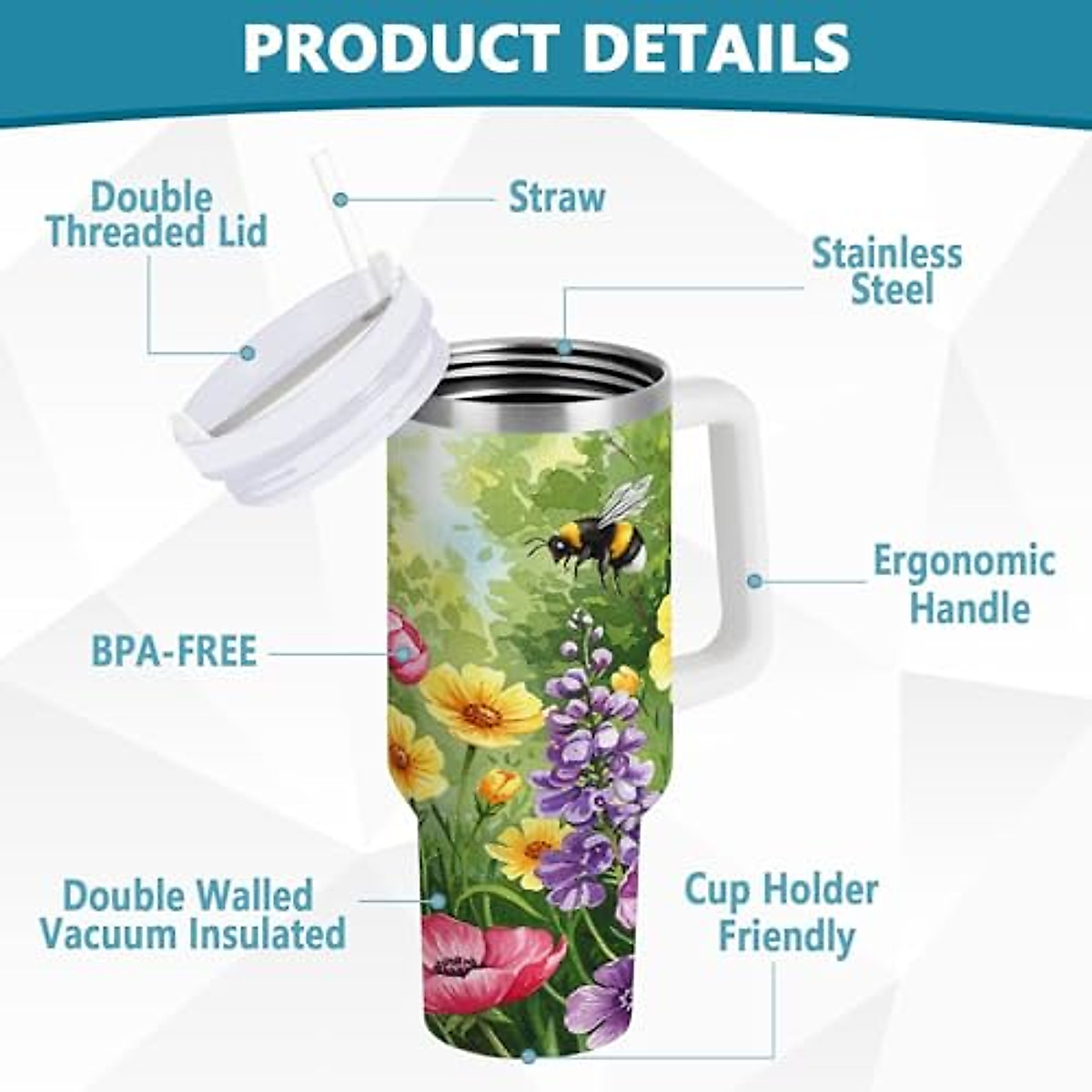 Maunzc 40 oz Tumbler with Handle and Straw, Insulated Stainless Steel Travel Mug with Lid for Coffee, Iced Tea, Water, Gift for Men Women (Spring Flowers Watercolor)