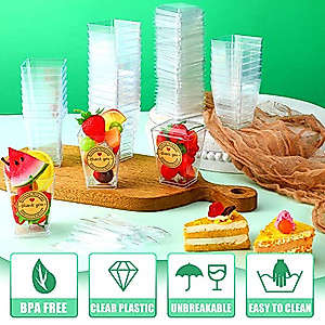 100 Packs Clear Plastic Dessert Cups with Spoons and Stickers, 6 oz Small Clear Plastic Parfait Cup Disposable Appetizer Cup Shooter Cup for Dessert Appetizers, Puddings, Mousse, Ice Cream (Square)
