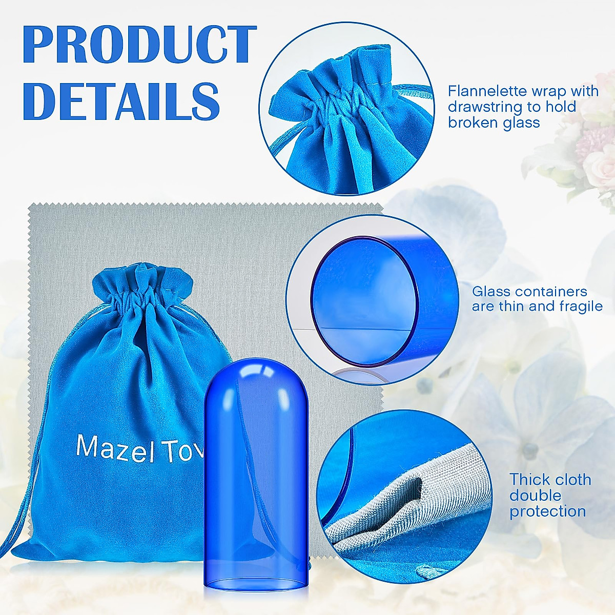 Tticai Jewish Style Wedding Chuppah Breaking Glass Dark Blue Glass Vessel Wedding Engagement Gift with Drawstring Bag for Jewish Style Wedding Engagement Anniversary