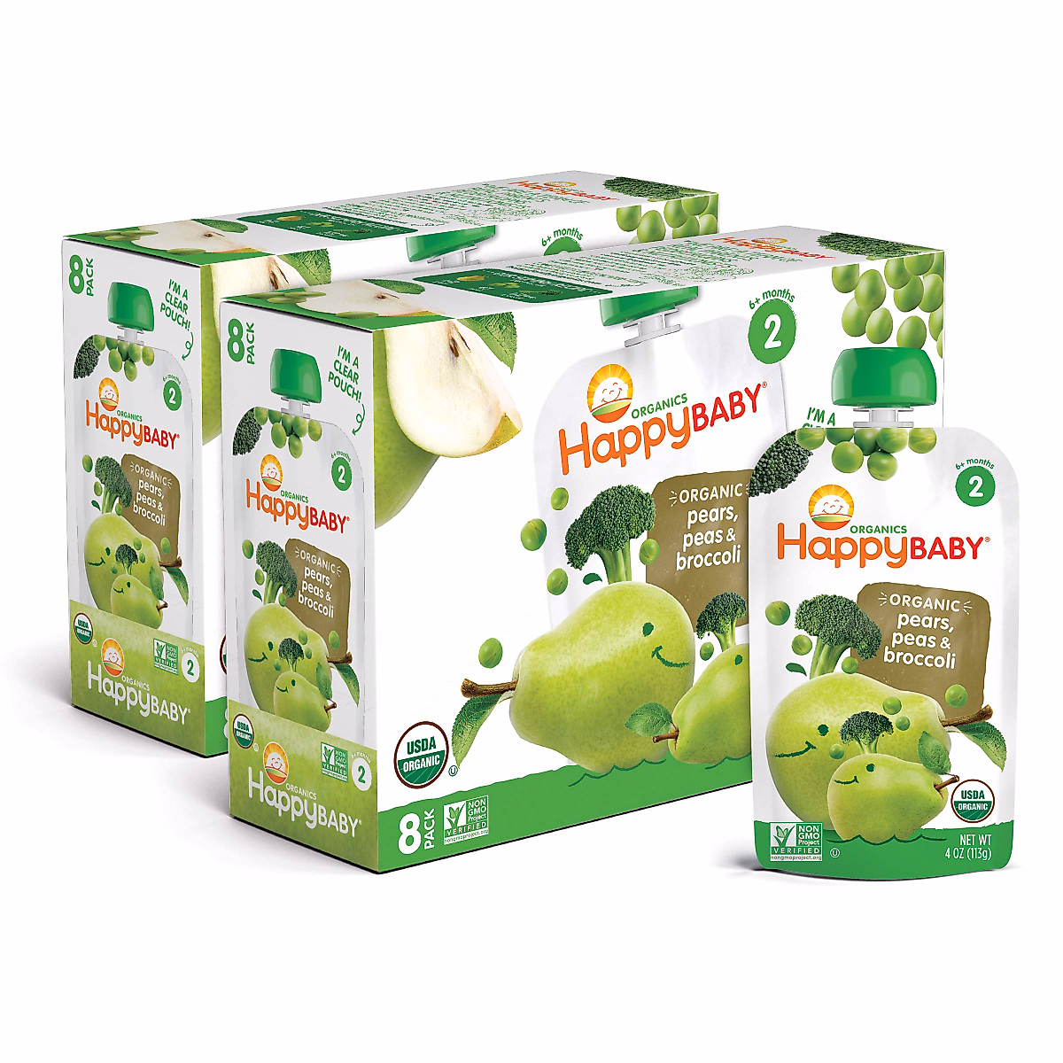 Happy Baby Organic Stage 2 Baby Food, Simple Combos, Broccoli, Pears & Peas, 4 Ounce (Pack of 16), 64 Ounce