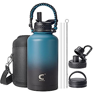Coolplus 64 oz Insulated Water Bottle with Paracord Handle & 3 Lid, Half Gallon Water Bottle Food-grade Vacuum Large Water Jug Flask, Keep 24H Hot 48H Cold, Leak Proof & BPA-Free,