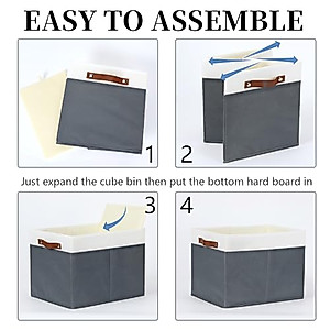 Bidtakay Large Storage Bins Collapsible Fabric Storage Baskets with Plastic Board 16x12 Inches Cube Organizer with Handles Lightweight 2-Pack Clothes Baskets Linen Storage Bins White/Grey