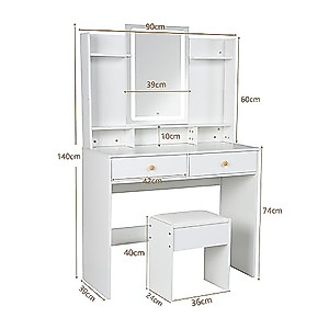 Modern Vanity Table with LED Lighted Mirror, Makeup Vanity Desk with 2 Drawers,Vanity Table Mirror with 3 Color Modes,Multiple Shelves & Cushioned Stool,Dressing Table for Bedroom