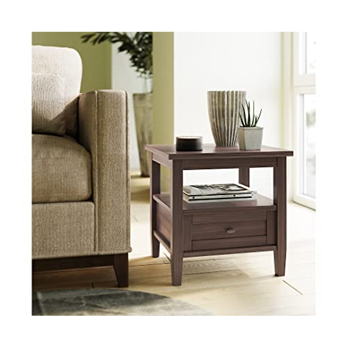 SIMPLIHOME Warm Shaker SOLID WOOD 20 inch Wide Rectangle End Table in Warm Walnut Brown with Storage, 1 Drawer, 1 Shelf, for the Living Room and Bedroom