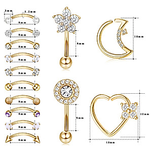 Drperfect Rook Daith Piercing Jewelry 16G Surgical Steel 8mm Curved Barbell Eyebrow Rings Helix Tragus Snug Lip Belly Button Piercing Heart Moon Daith Rook Earrings for Women Men