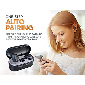 HeadSound X5 True Wireless Earbuds Headphones, CVC 8.0 Noise Reduction, Bluetooth 5.0 APTX HD Sound In Ear Totally Wireless Earphones, 32Hr Play Auto Pairing IPX7 Sweatproof Sport Headset,Built in Mic