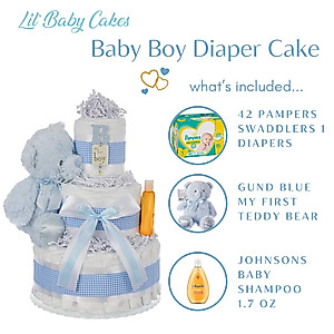 Lil' Baby Cakes Boy Blue Diaper Cake - Makes a Beautiful Baby Gift - Adorable and Practical Handmade Baby Gift with 42 Swaddler Diapers Size 1-10 in x 12 in