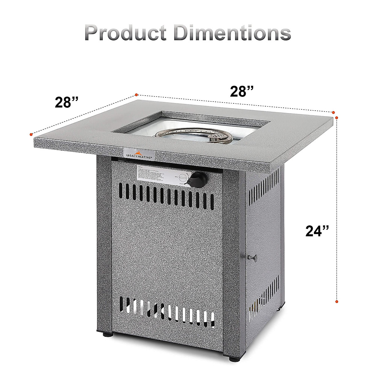 LEGACY HEATING 28" Propane Fire Pit Table, Gas Fire Pits for Outside Patio, Gas Fireplace, 50,000 BTU 28" Square Fire Table with Lid and Lava Rock, Silver