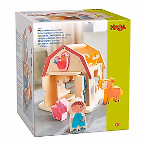 HABA Farmhouse Sorting Box Wooden Shape Sorter Toy with 6 Chunky Wood Farm Animals