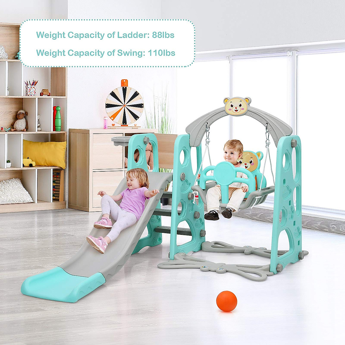 Costzon 4 in 1 Toddler Slide and Swing Set, Little Bear Indoor Outdoor Baby Swing with Slide, Swing, Climber, Basketball Hoop and Ball, Kids Climber Playground Playset for Girls Age 1+ Gifts Presents