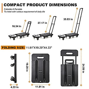 SKISOPGO Foldable Hand Truck, Luggage Cart with 2 Elastic Ropes, 500 Lbs Capacity Heavy Duty Dolley, Platform Trucks with 6 Wheels Hand Trucks Moving Travel Telescopic Rod Fully Hidden Design (Black)