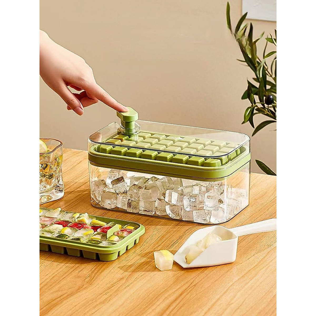 GOHOLE Ice Cube Trays for Freezer with Lid and Bin, 64 Ice Cubes, 2 Trays, Container, Lid & Ice Scoop (Green)