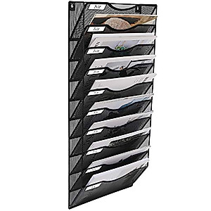 EasyPAG 10 Tier Wall File Organizer Office Mesh Metal Hanging File Folder Holder Magazine Rack, Black