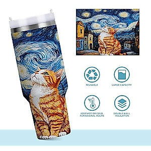 RPLIFE Cute Orange Cat Starry Night 40 Oz Tumbler with Handle, Stainless Steel Bottle, Insulated Water Bottle with Straw