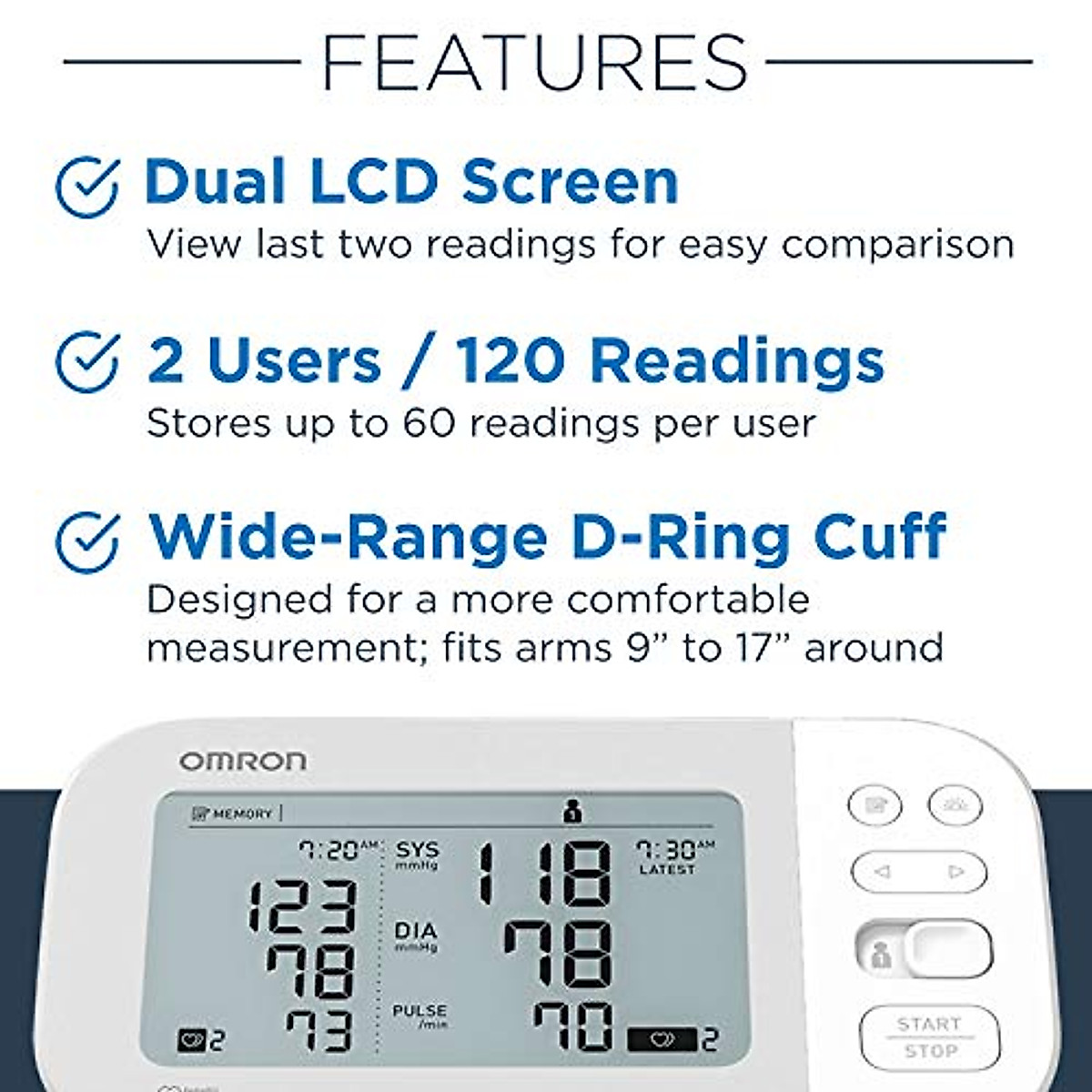 OMRON Gold Blood Pressure Monitor, Premium Upper Arm Cuff, Digital Bluetooth Blood Pressure Machine, Stores Up To 120 Readings for Two Users (60 readings each)