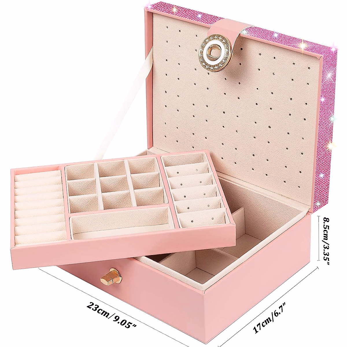 QBestry Jewelry Box for Earrings for Girls Jewelry Organizer Box Earring Holder Organizer for Girls Earring Box Jewelry Box Stud Earring Organizer for Girls Earring Jewelry Boxes for Women Pink Bling
