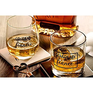 ZUUO Boyfriend and Girlfriend 11 oz Wine Whiskey Glass Gift Set - Engagement Gifts for Couples Fiance Fiancee Him Her His Hers Glasses Mr Mrs Bride Groom, 2 Piece