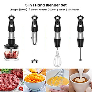healthomse 5-In-1 Immersion Blender 800W 12-Speed Stainless Steel Hand Blender with Milk Frother, Egg Whisk, BPA-Free 500ml Chopper and 700ml Beaker with Lid for Soup, Smoothie, Baby Food