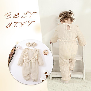 Happy Town Baby Girl Romper Infant Fall Winter Clothes Ruffle Sweater Long Sleeve Bodysuit Jumpsuit and Headband (Beige, 3-6 Months)